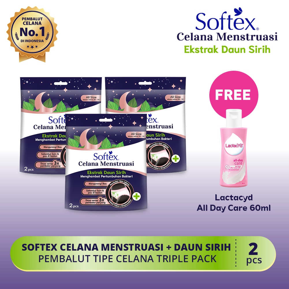 Jual Triple Pack Softex Celana Menstruasi Daun Sirih 2s + Free Lactacyd All Day Care | Shopee ...