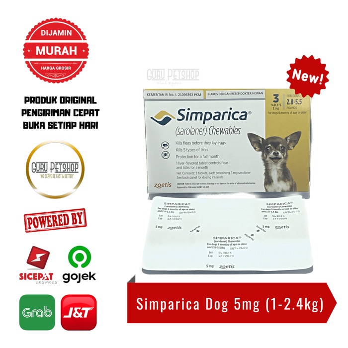 Jual Simparica Obat Kutu Anjing Tablet Kunyah - Yellow 5mg (Berat 1-2 ...