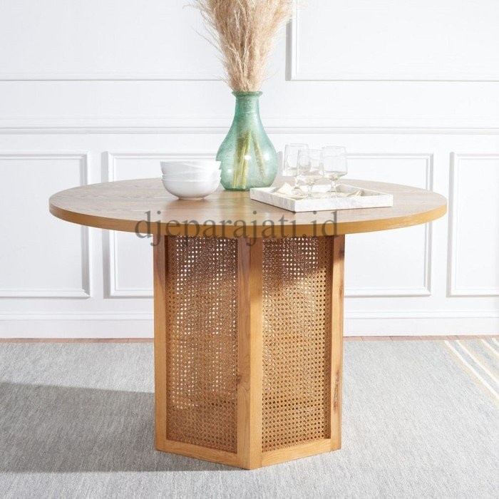 Jual MEJA MAKAN BUNDAR KAYU JATI KOMBINASI ROTAN D 110 CM , MEJA CAFE ...