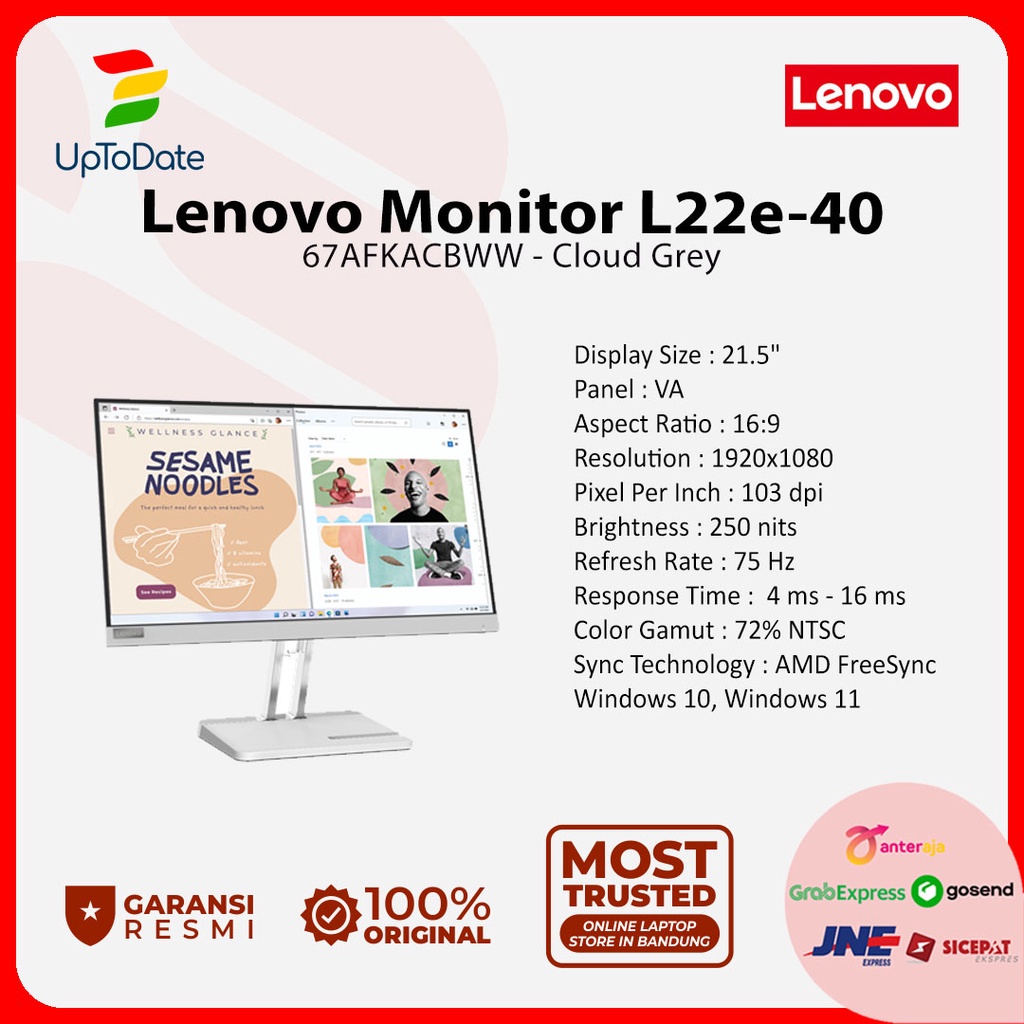 Jual Lenovo Monitor L22e-40 21.5" 250 nits 72% NTSC 75Hz 4ms 103 dpi ...