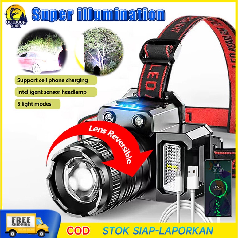 Jual Lampu Kepala LED Super Terang 5000 Lumen dengan Sensor Tangan USB Charging Senter Sorot ...
