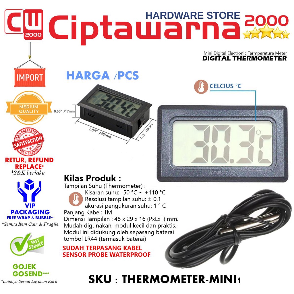 Jual Mini Digital Thermometer / Termometer + Waterproof Probe Kabel ...