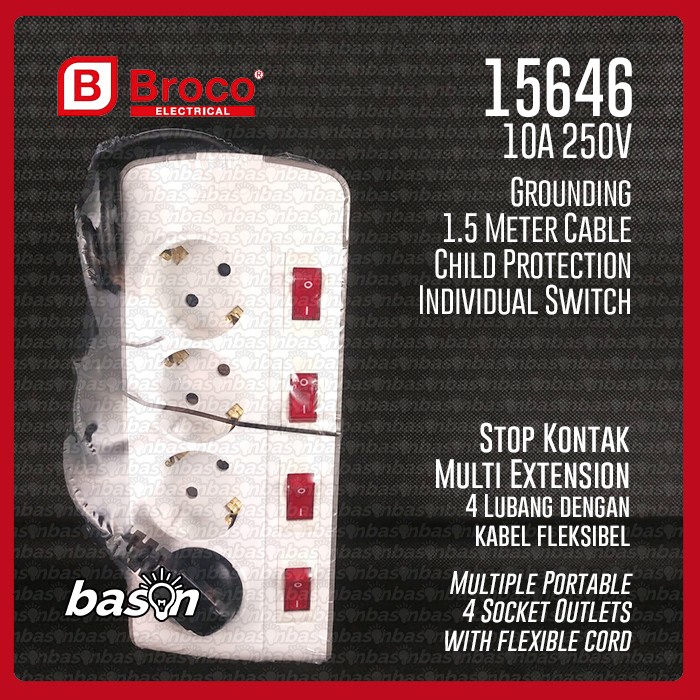 Jual BROCO 15646 Stop Kontak Arde 4 Lubang Slanting + Kabel 1.5Meter ...