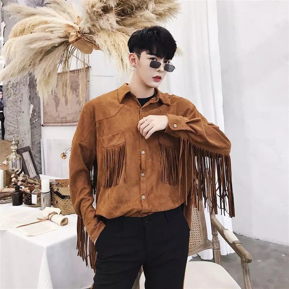 Jual Men's trendy personality tassel loose fitting long sleeved shirt ...