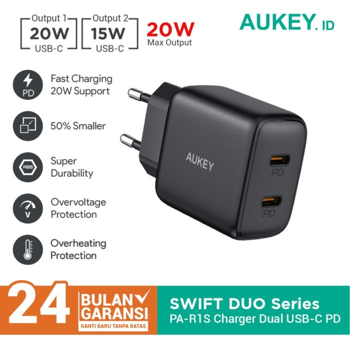 Jual Aukey PA-R1S Charger Dual Port 20W 15W USB Type C PD Swift Duo | Shopee Indonesia