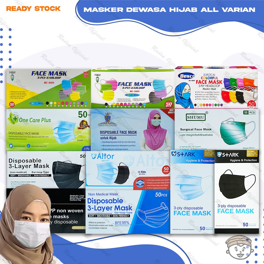 Jual Masker Hijab Medis 3Ply Isi 50Pcs Warna Putih Hitam Biru Abu 3 Ply ...