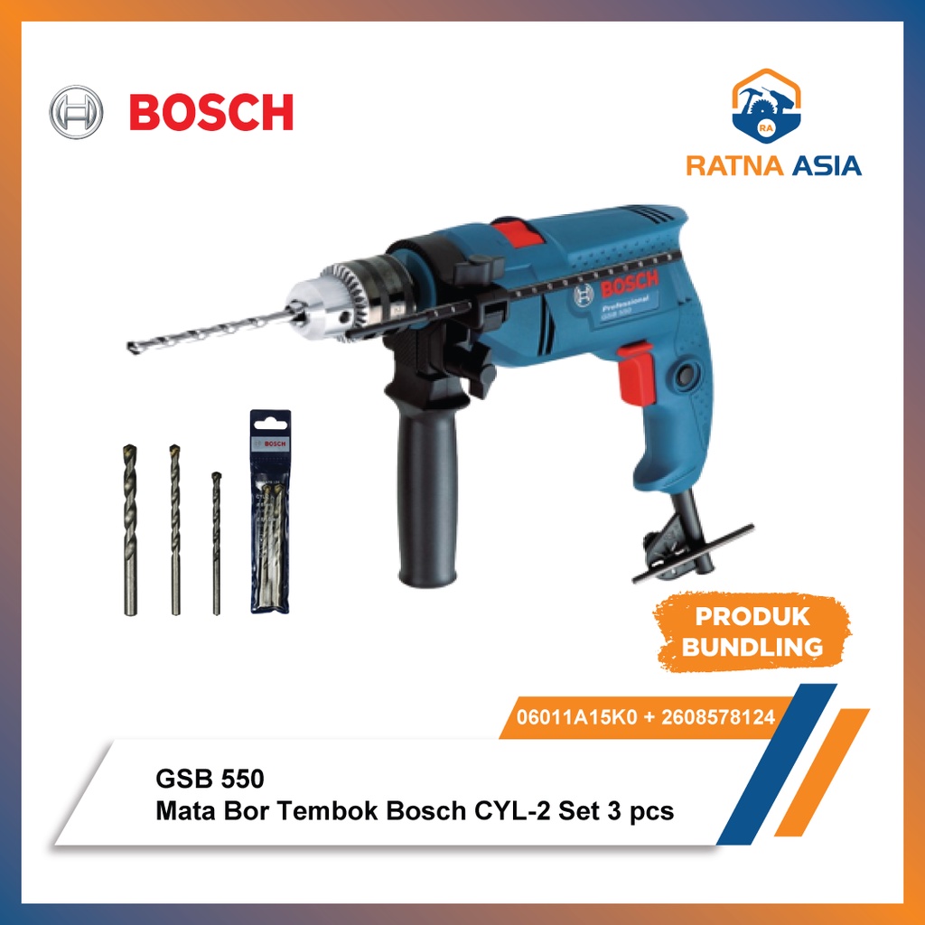 Jual Bor Tembok 13mm Bosch GSB 550 Impact Drill + CYL2 Set Mata Bor ...
