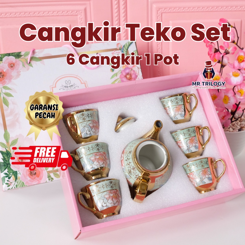 Jual Cangkir Teko Pot Set Keramik 7in1 Hampers Souvenir Mewah Gelas Teh ...
