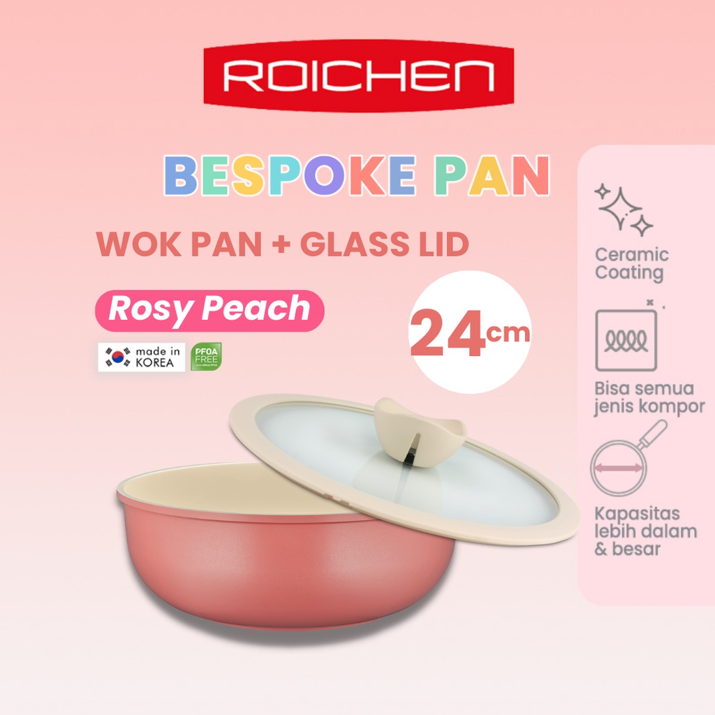 Jual Roichen IH Bespoke Wok Pan 24cm + Glass Lid + Knob - Rossy Peach | Shopee Indonesia