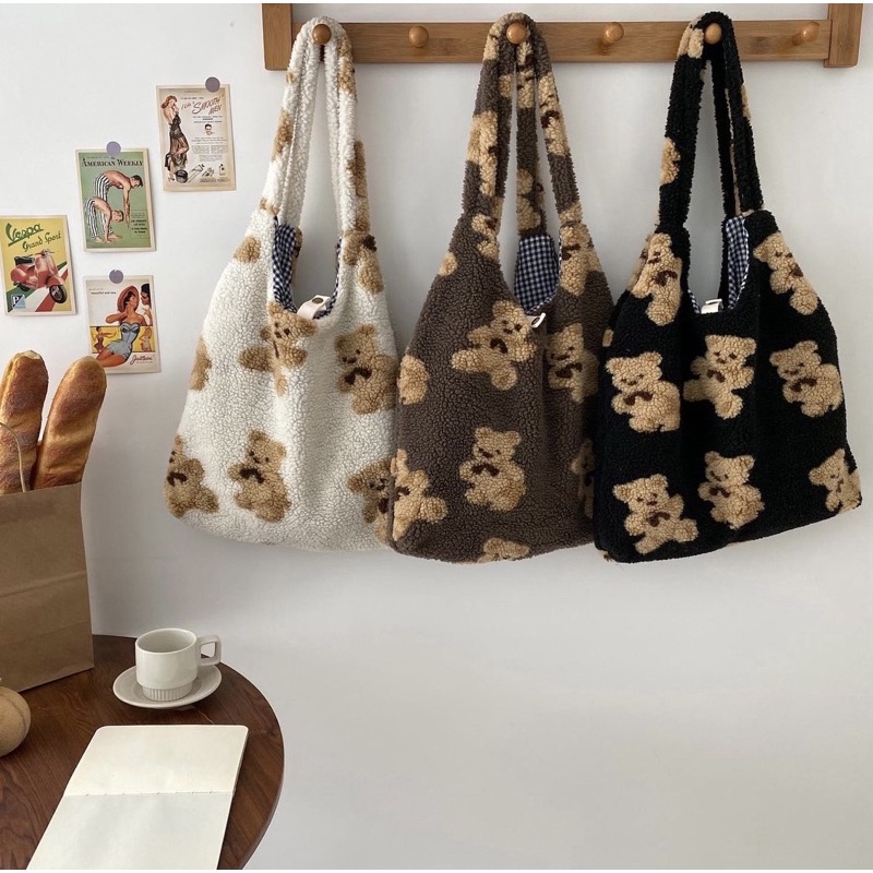 Jual Little Maple Korean Fluffy Bear Totebag / Tas Korea Motif Beruang ...