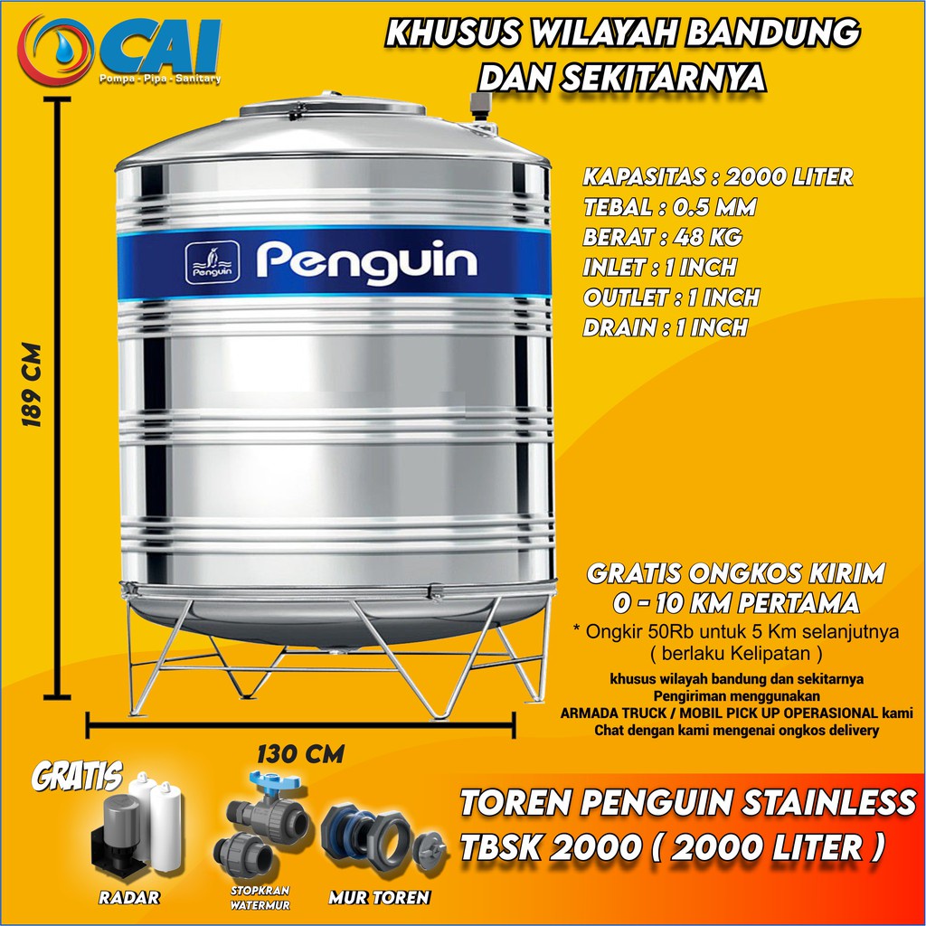 Jual TOREN TANGKI AIR - PENGUIN - TBSK2000 - 2000 LITER - STAINLESS ...