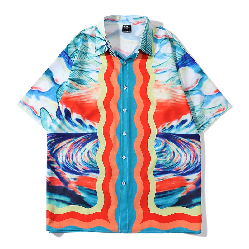 Jual Kemeja Lengan Pendek Art Print Biru Kemeja Pantai Longgar Kasual ...
