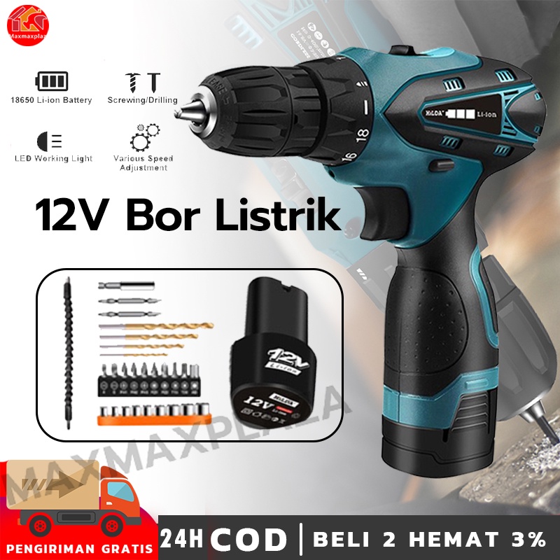Jual 12V Bor Listrik Bor Tanpa kabel Set Lengkap Mata Bor Cordless ...