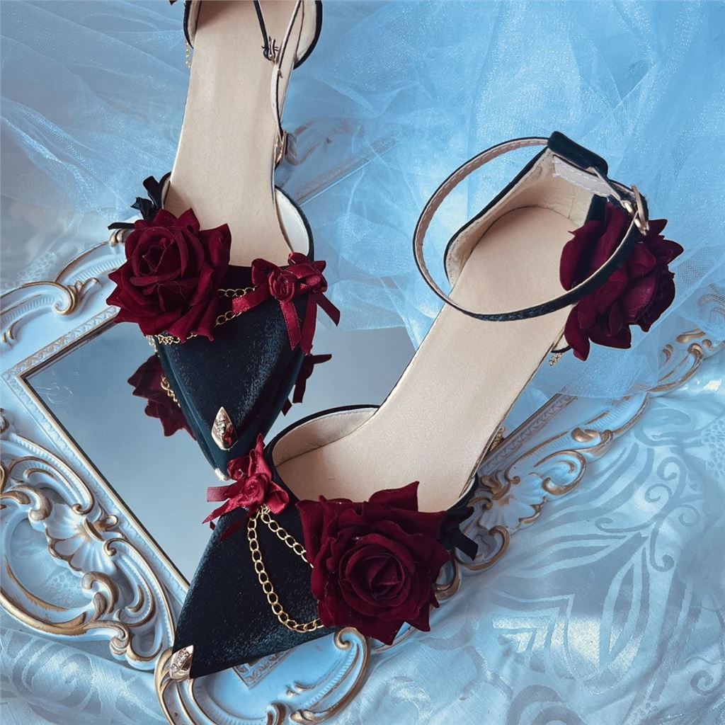 Jual Black and Red Gothic Lolita Shoe Flower Wedding Lolita Rose High ...