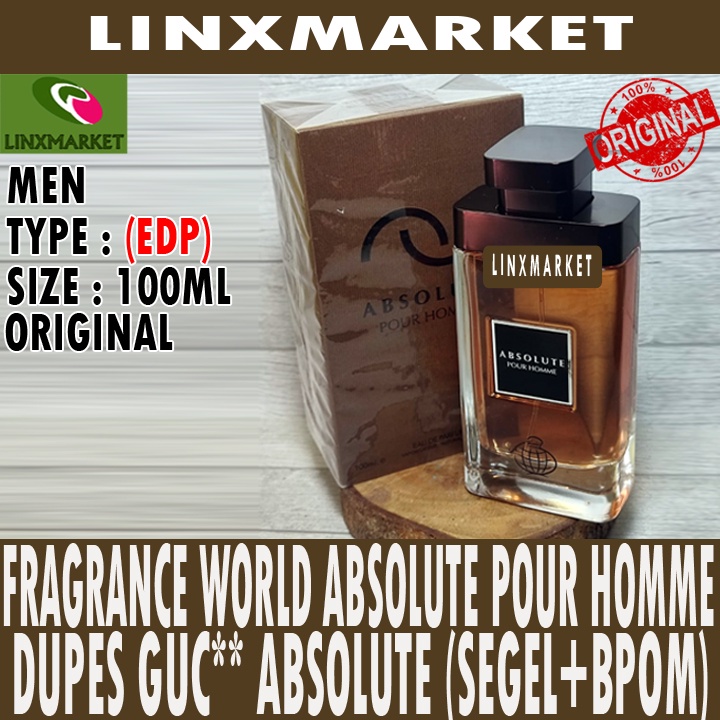 Jual FRAGRANCE WORLD ABSOLUTE POUR HOMME EDP 100ML (DUPES GUC ABSOLUTE MEN) | Shopee Indonesia
