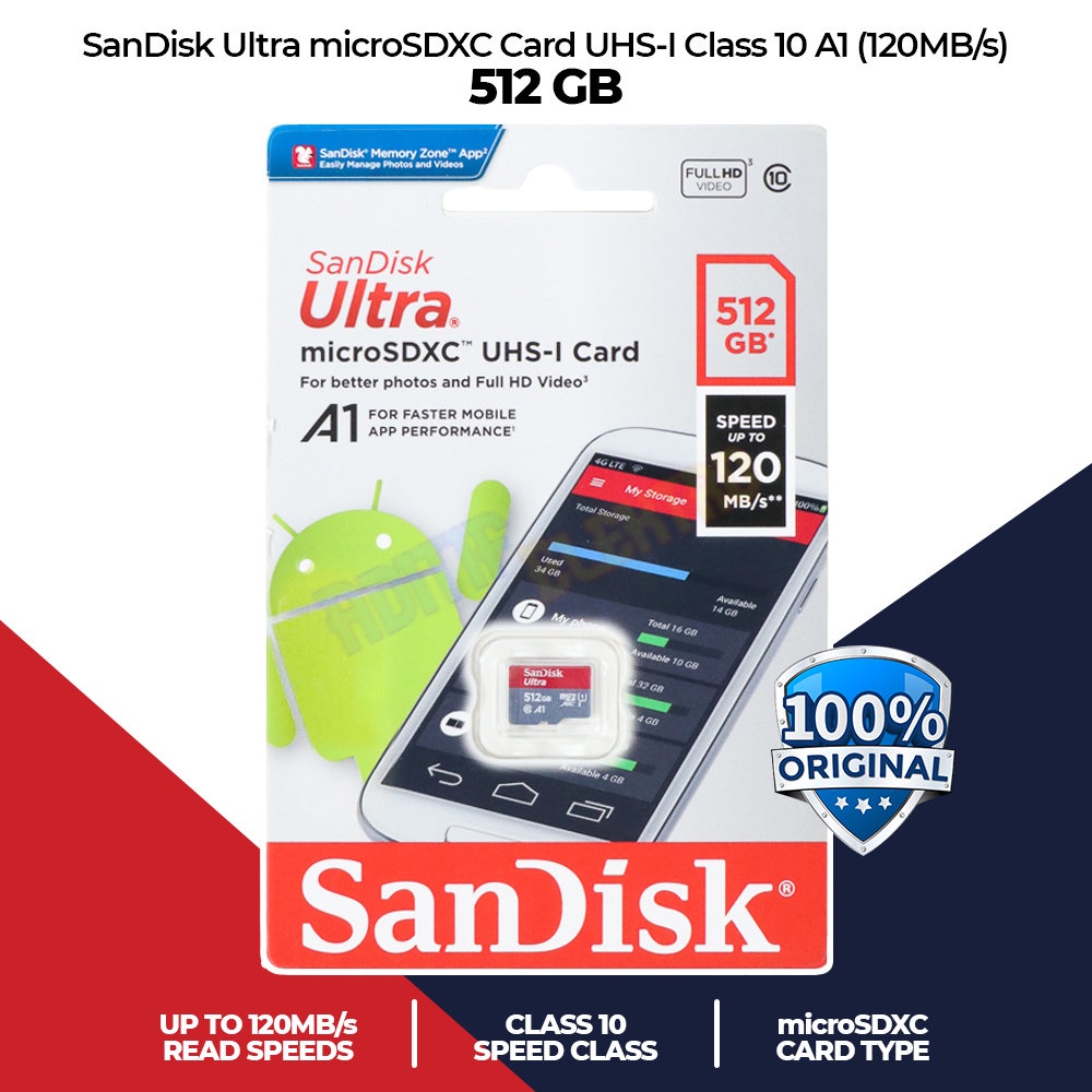 Jual Micro SD SanDisk Ultra microSDXC Card UHS-I Class 10 A1 120MB/s 256GB 512GB | Shopee Indonesia