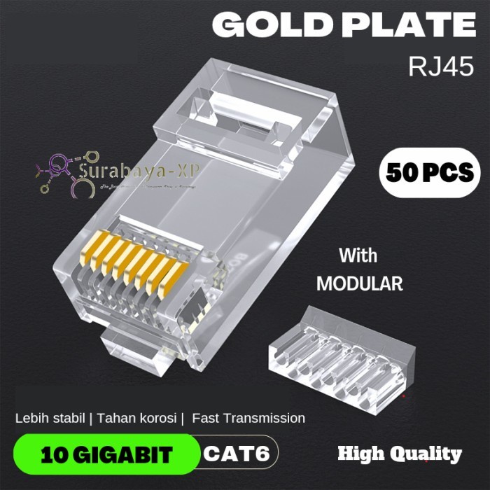 Jual Konektor RJ45 CAT6 MODULAR Gold Plate 50 PCS JACK SETARA BELDEN ...