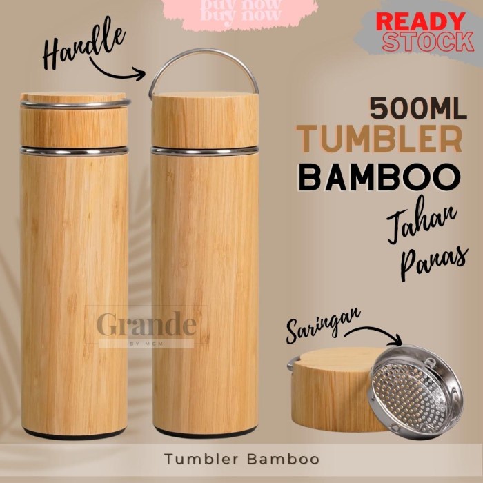 Jual Tumbler stainless bamboo 500ml botol air bambu HANDLE vaccum flask ...