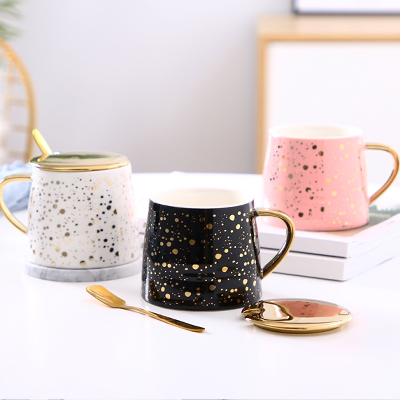 Jual Gelas Minum Set Keramik Motif Bintang Dengan Tutup Dan Sendok Gold ...