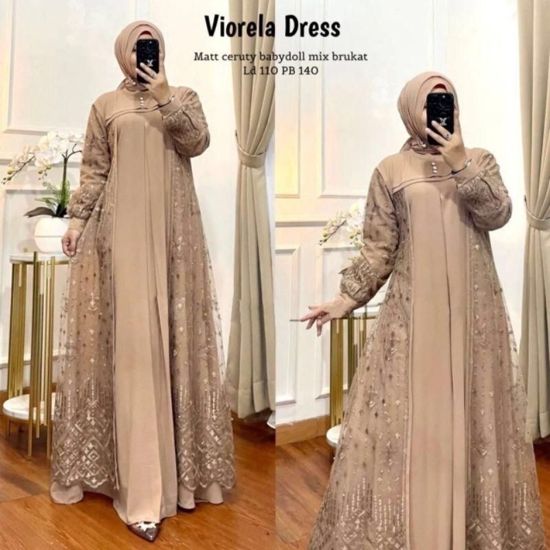 Jual Vallina Outfit - Viorela Dress Maxy Brokat Layering Gamis Viorella Pesta Kondangan Ceruty ...