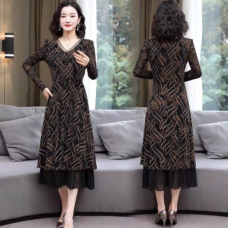 Jual FAN 2024 baru gaun jala lengan panjang ukuran besar v-neck rok ...