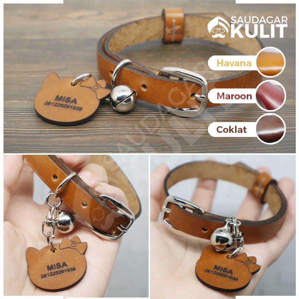 Jual KALUNG KUCING KULIT ASLI PREMIUM CUSTOM NAMA LIONTIN LONCENG MODEL ...