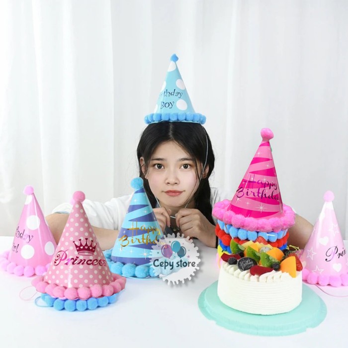 Jual Topi Ulang Tahun Kerucut Pompom / Topi Pesta / Birthday Party Hat ...
