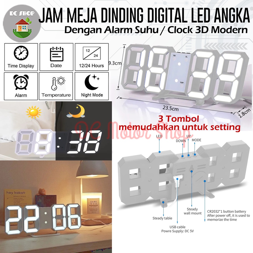 Jual Jam Meja Dinding Digital LED Angka Dengan Alarm Suhu / Clock 3D ...