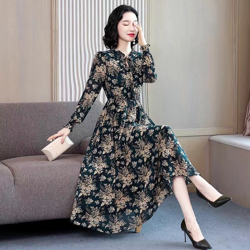 Jual 2023 Gaun sifon Korea baru tempera lengan panjang/dress floral ...