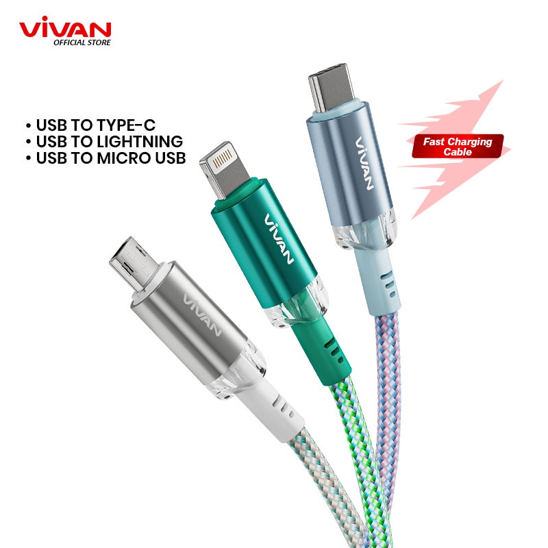 Jual VIVAN Kabel Data Type C/Lightning/Micro USB 100cm Fast Charging 3A ...