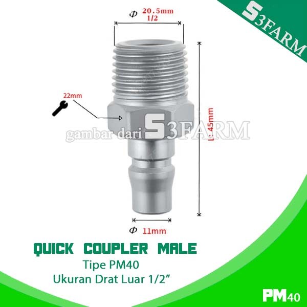 Jual Quick Coupler PM40 Sambungan Selang Kompresor Recoil Drat Male 1/2 ...