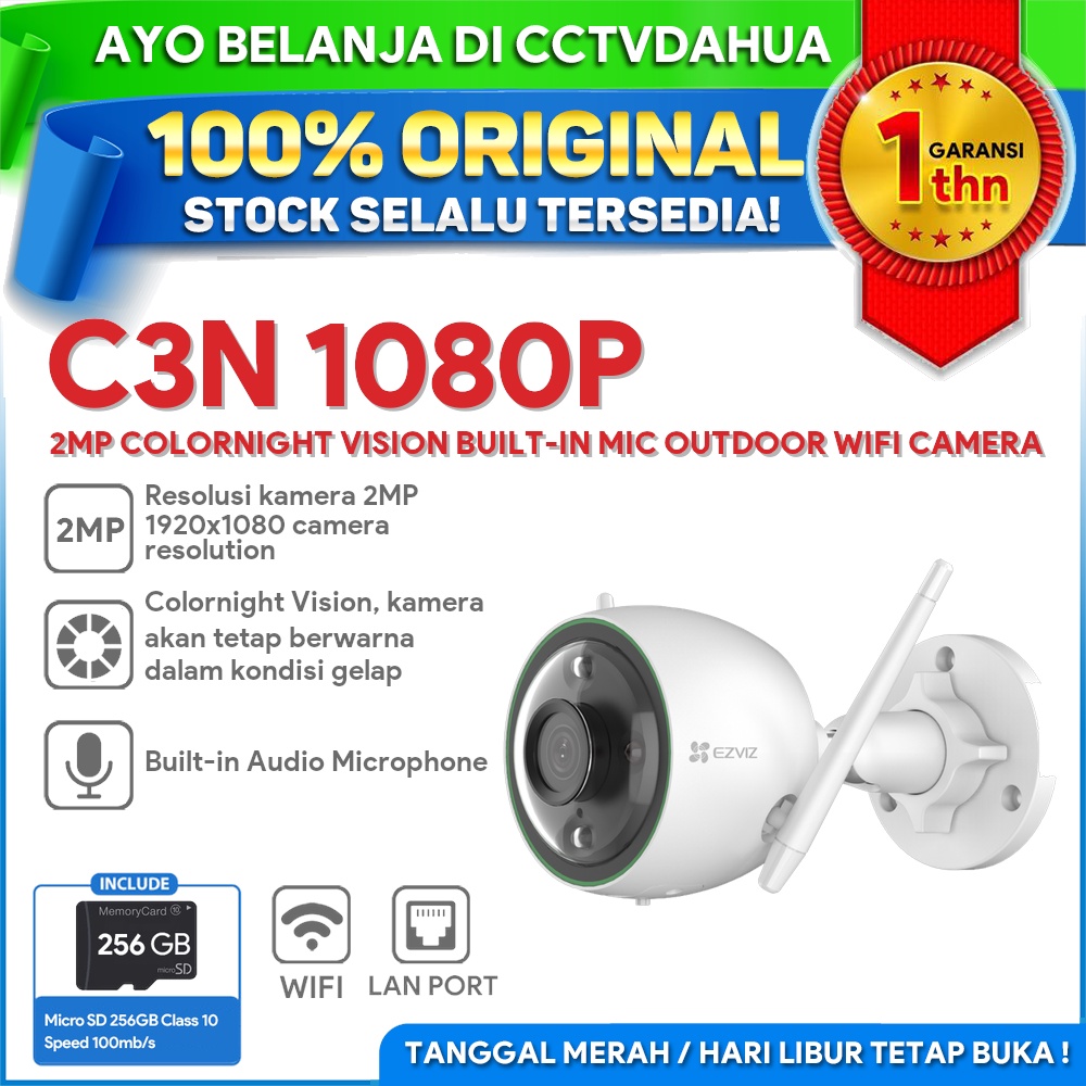 Jual EZVIZ C3N 1080P 2MP COLORNIGHT MIC WIFI CAMERA FREE MICROSD 256GB ...