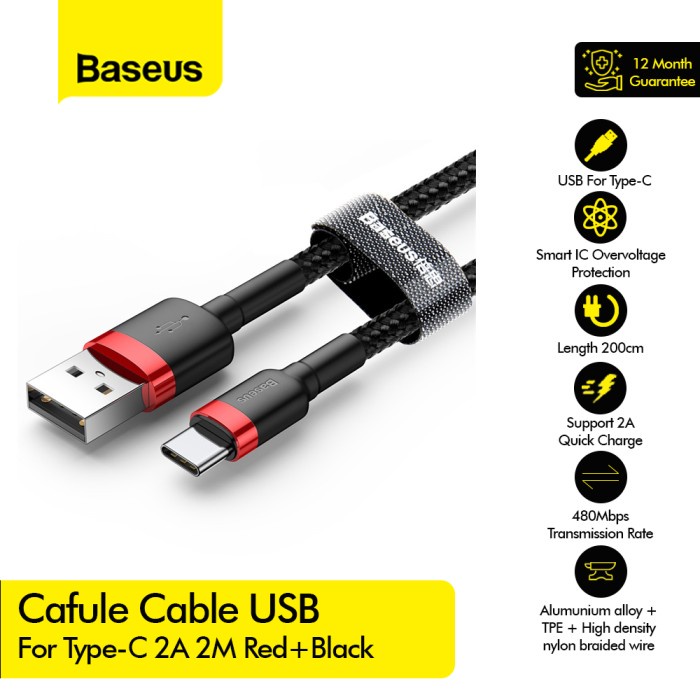 Jual Kabel Data Charger Nylon Baseus Cafule 2M QC 3.0 USB Type A to C ...