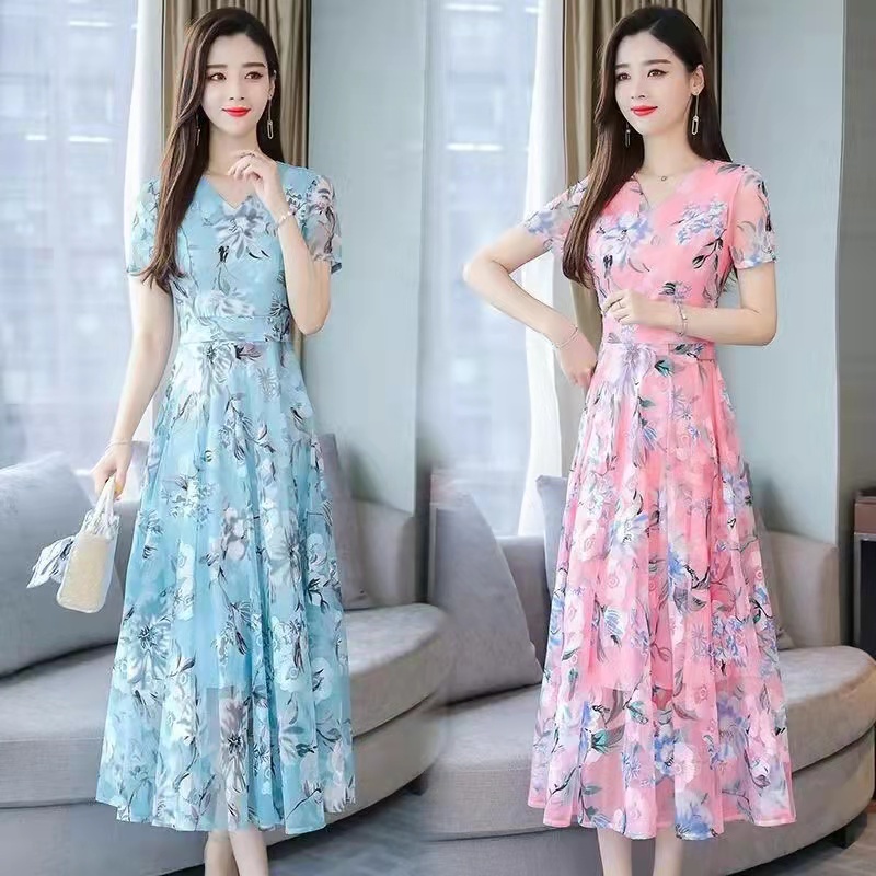 Jual FAN 2024 baru gaun sifon print wanita mid-length/dress wanita/midi ...