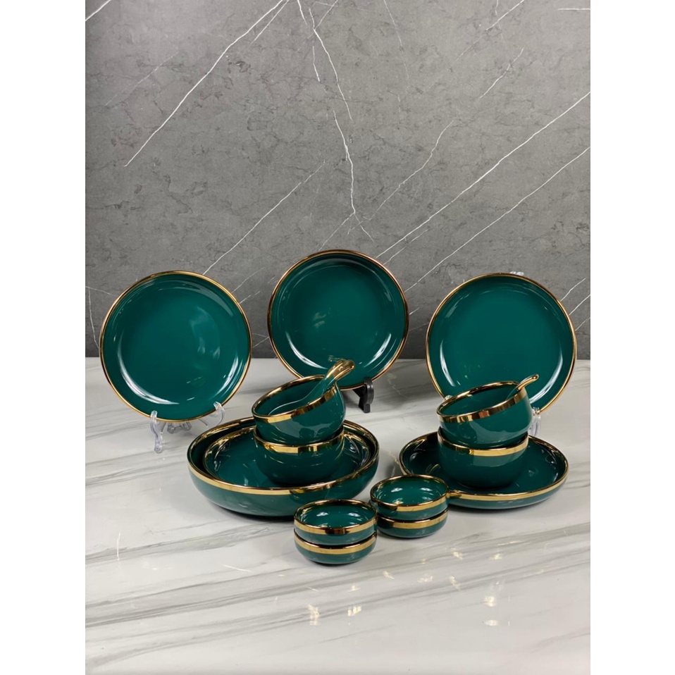 Jual Piring Set Lengkap Warna Hijau Emerald Gold isi 10 Pcs / Piring ...