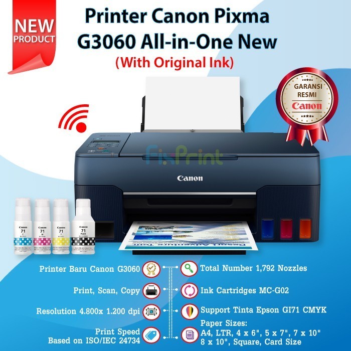 Jual Printer Canon PIXMA G3060 AllnOne WiFi Infus Pabrik | Shopee Indonesia