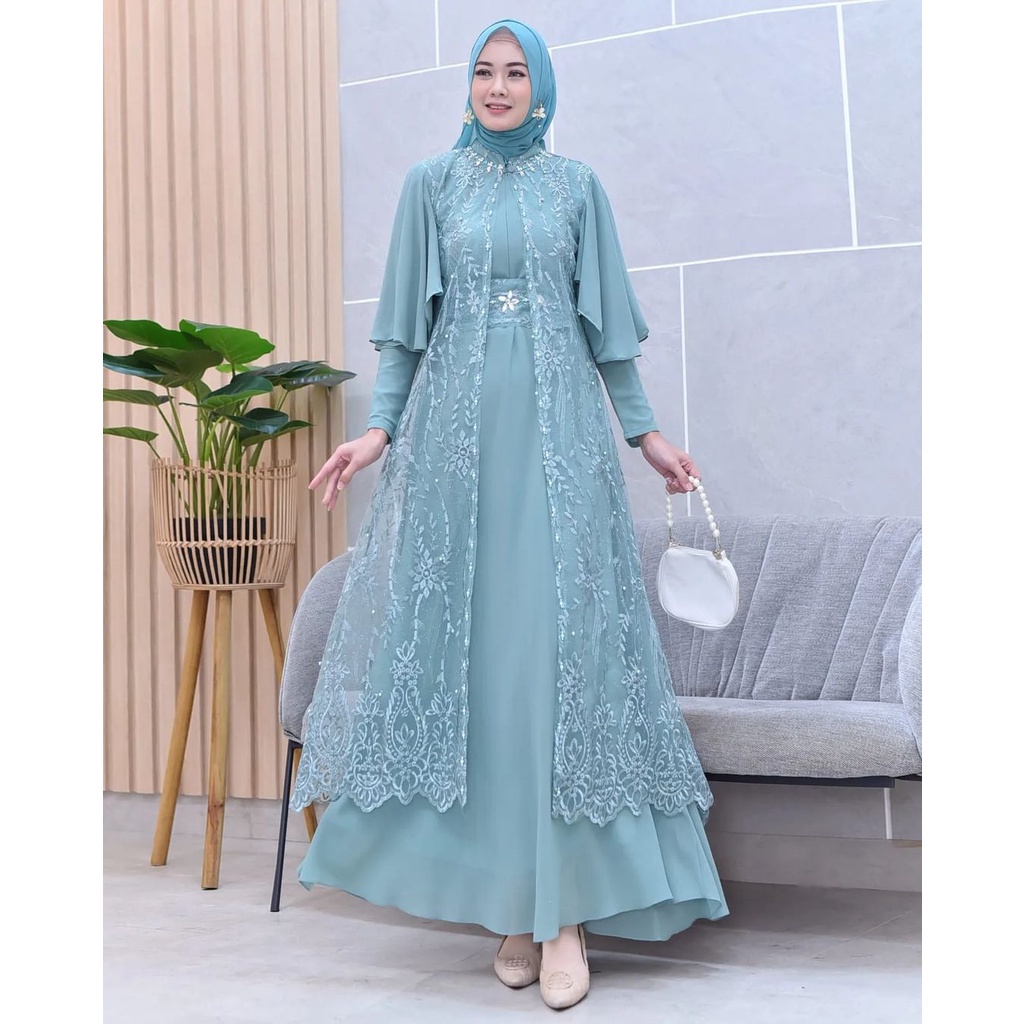 Jual Vallina Outfit - Clarisa Maxy Dress Brokat Outer Pisahan Gamis Muslim Wanita Pesta ...