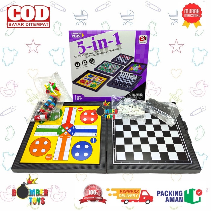 Jual MAINAN ANAK KELUARGA BOARD GAME 5 IN 1 3 IN 1 MAGNET LUDO CATUR HALMA ULAR TANGGA KARTU ...