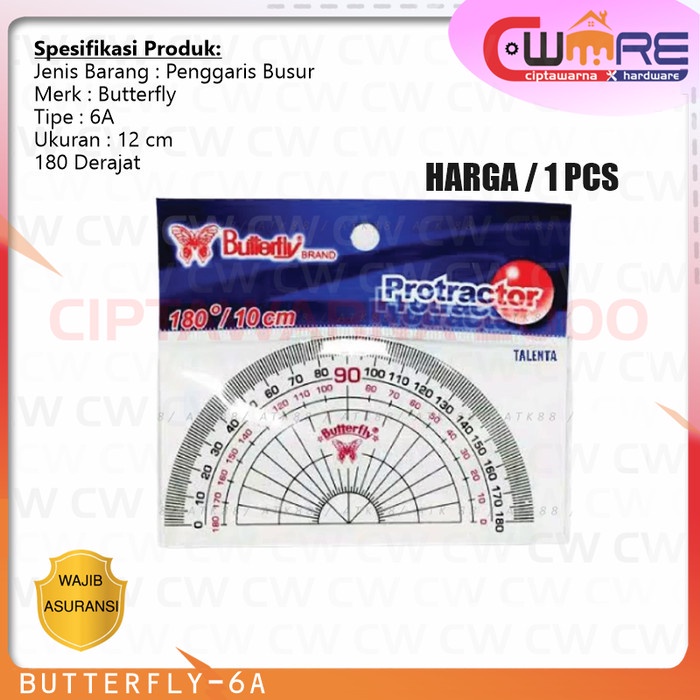 Jual Penggaris Plastik Busur Protractor Butterfly 6A 180 360 derajat 12 ...