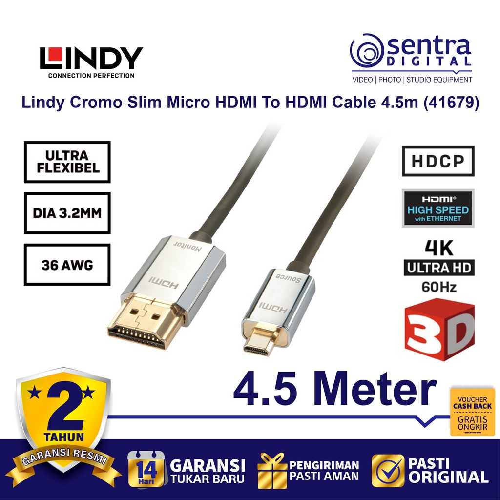 Jual Lindy Cromo Slim High Speed Micro HDMI To HDMI Cable 4.5m ( 41679 ) | Shopee Indonesia