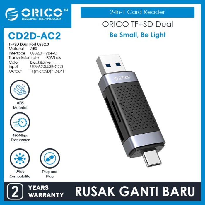 Jual CD2D-AC2 Card Reader ORICO 2In1 TF SD Memory USB 2.0 Type C ...