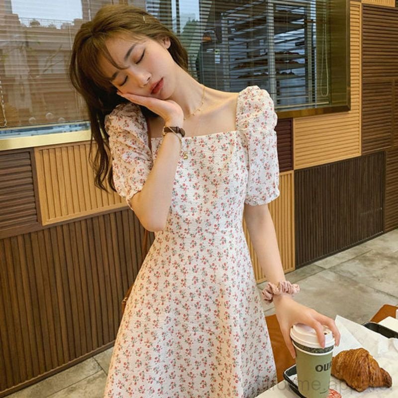 Jual Dress Wanita Motif Bunga Korea Woman Mid-Length Floral Dress HSL ...