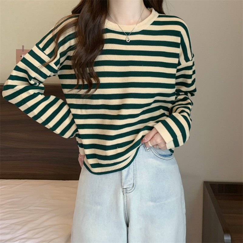 Jual [BEE] - TP22 | Atasan Rajut Wanita Motif Belang Atasan lengan Panjang Rajut Korean Top ...