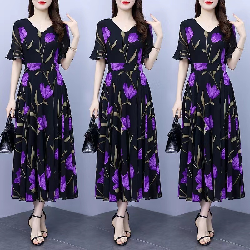 Jual FANMU 2025 Gaun sifon ungu berukuran besar Korea baru/long dress ...