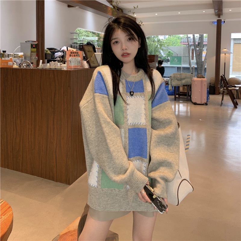 Jual YURUMA Sweater Korea Kotak-kotak Lengan Panjang Wanita Atasan Rajut Longgar Kerah Bulat ...