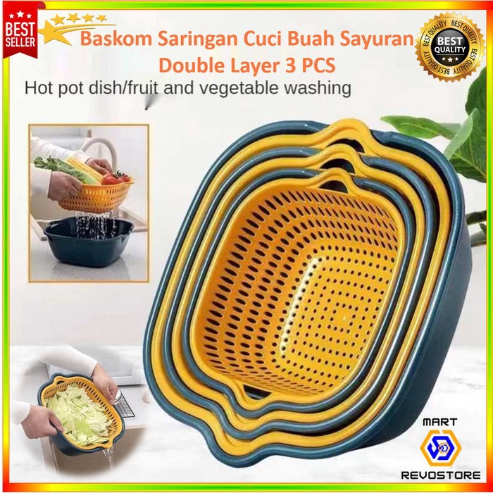Jual Saringan Baskom Keranjang Lubang Cuci Buah Sayuran Double Layer 3 ...