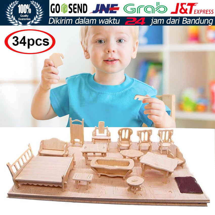 Jual 34Pcs/Set 3D Wooden DIY Building Mini Furniture Puzzle Kayu Rumah ...