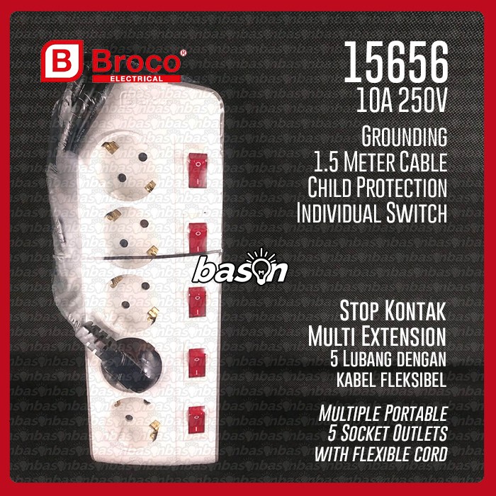 Jual BROCO 15656 Stop Kontak Arde 5 Lubang Slanting + Kabel 1.5Meter + Saklar Individual ...