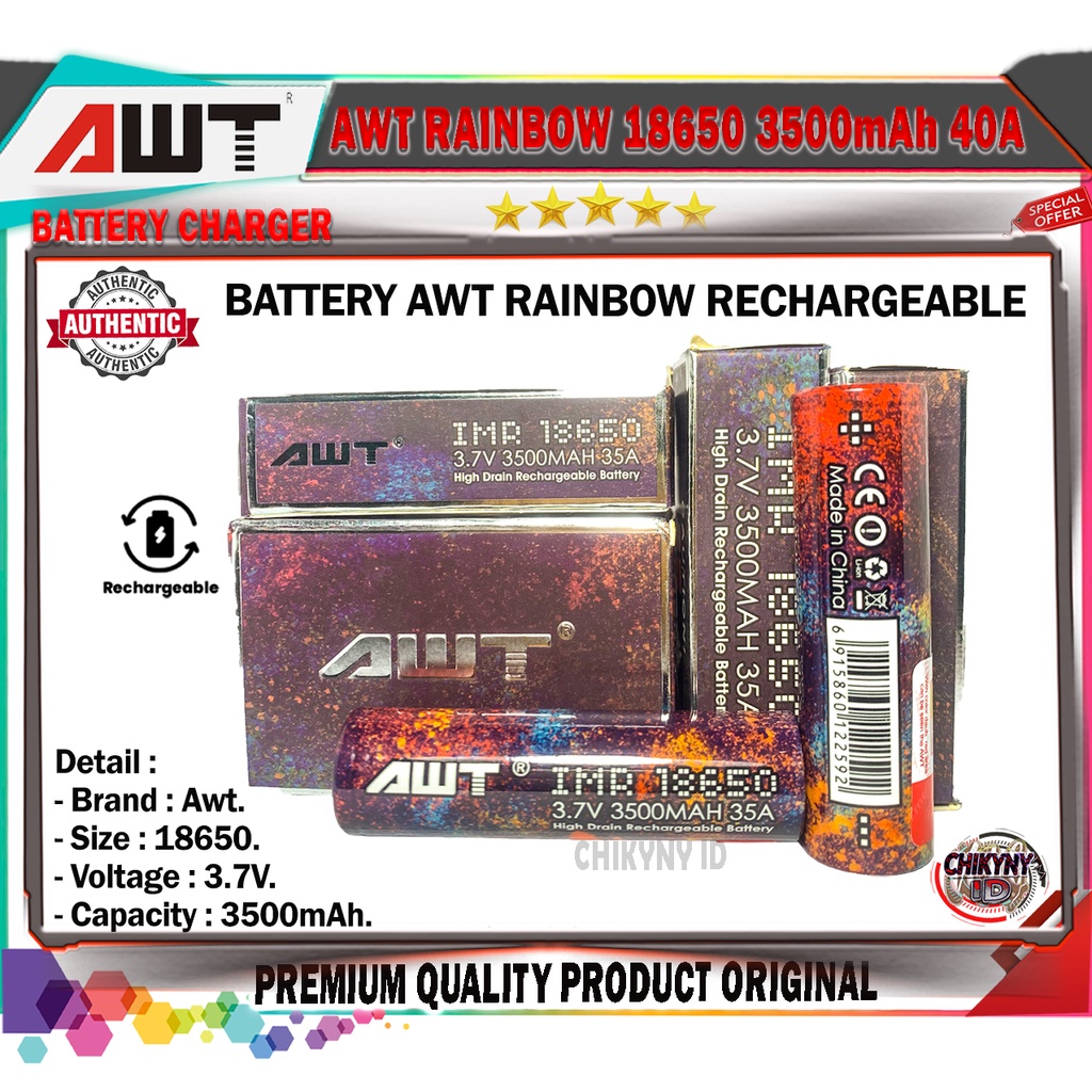 Jual BATTERY AWT RAINBOW 18650 3.7V 3500MAH | Shopee Indonesia