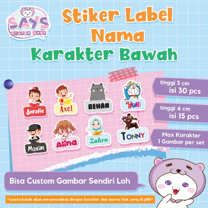 Jual CETAK STIKER LABEL NAMA ANAK CUSTOM WATERPROOF - t=3cm 30pcs, Mix ...